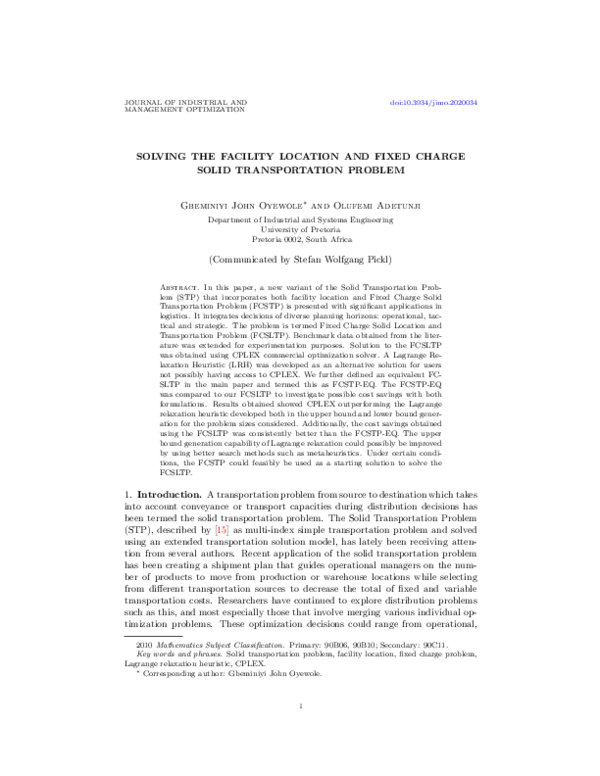 (PDF) Solving the facility location and fixed charge solid transportation problem