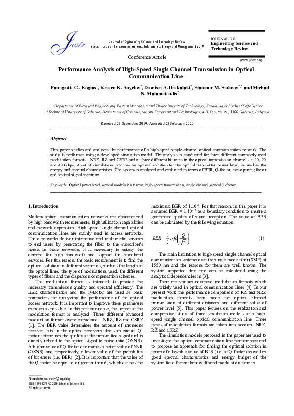 (PDF) Performance Analysis of High-Speed Single Channel Transmission in Optical Communication Line