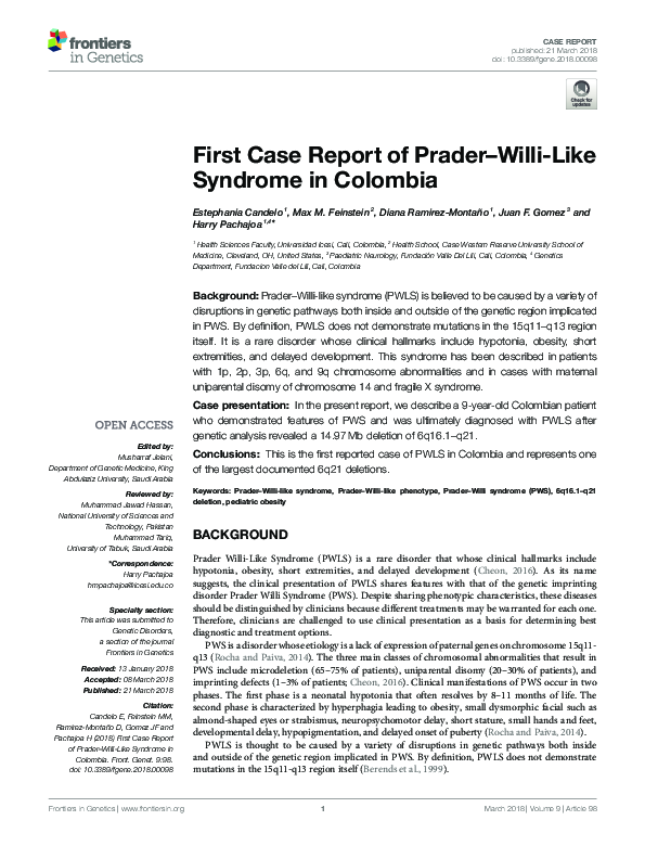 (PDF) First Case Report of Prader-Willi-Like Syndrome in Colombia