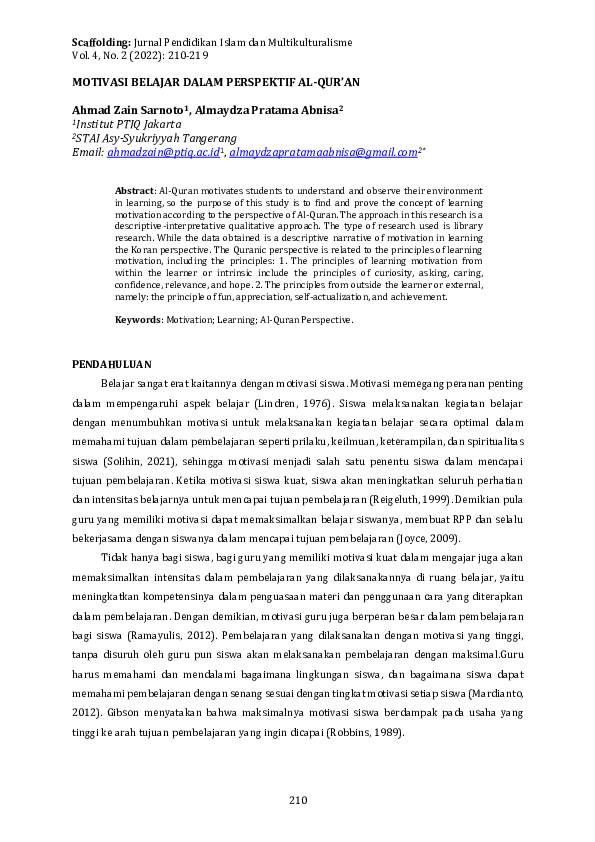 (PDF) Motivasi Belajar dalam Perspektif Al-Qur'an