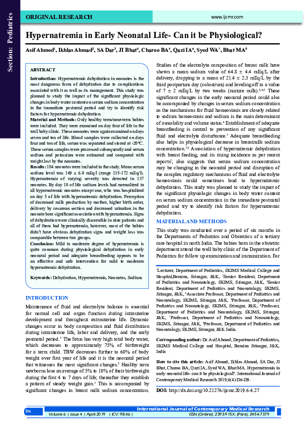 (PDF) Hypernatremia in Early Neonatal Life- Can it be Physiological?