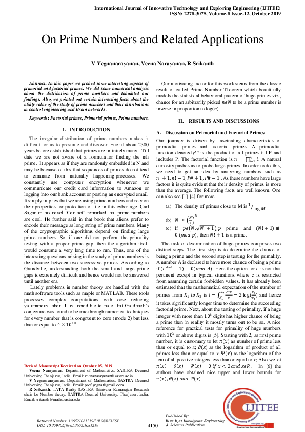 (PDF) On Prime Numbers and Related Applications