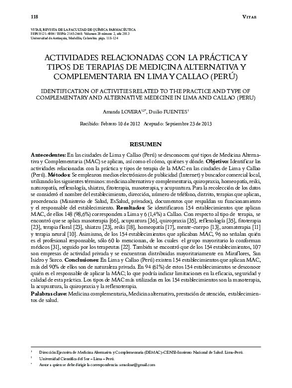 (PDF) Actividades relacionadas con la práctica y tipos de terapias de medicina alternativa y ...