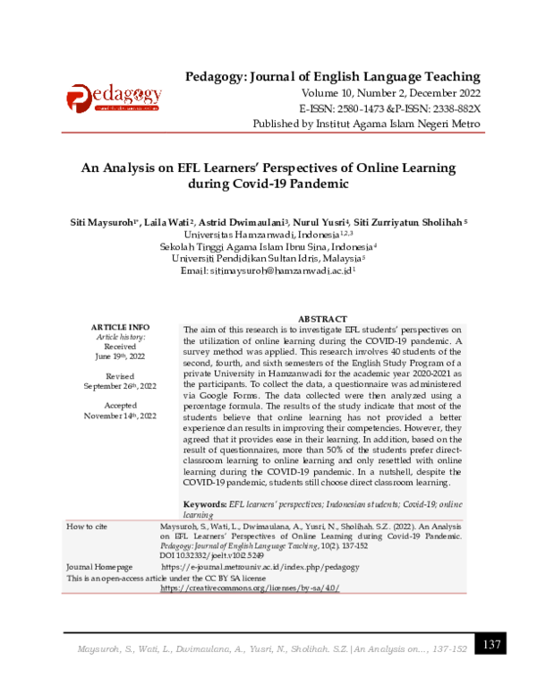 (PDF) An Analysis on EFL Learners’ Perspectives of Online Learning ...