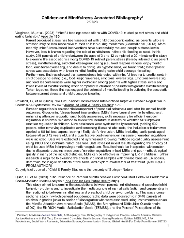 (PDF) Children and Mindfulness Annotated Bibliography 3-