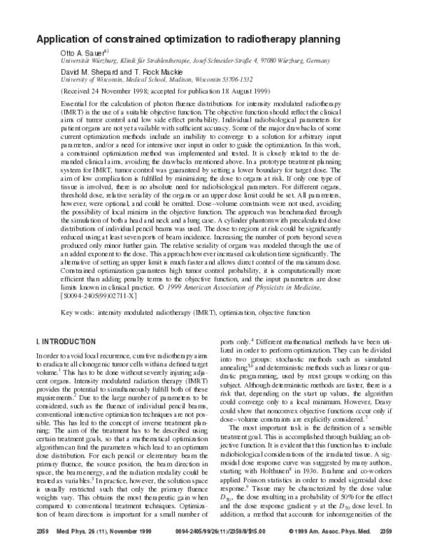 (PDF) Application of constrained optimization to radiotherapy planning