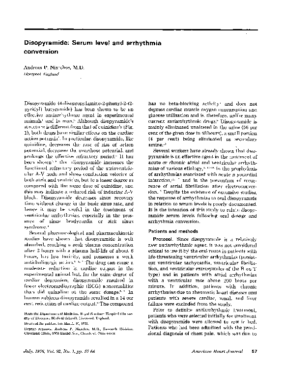 (PDF) Disopyramide: Serum level and arrhythmia conversion
