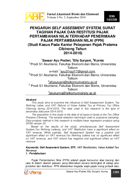 (PDF) PENGARUH SELF ASSESMENT SYSTEM, SURAT TAGIHAN PAJAK DAN RESTITUSI PAJAK PERTAMBAHAN NILAI ...