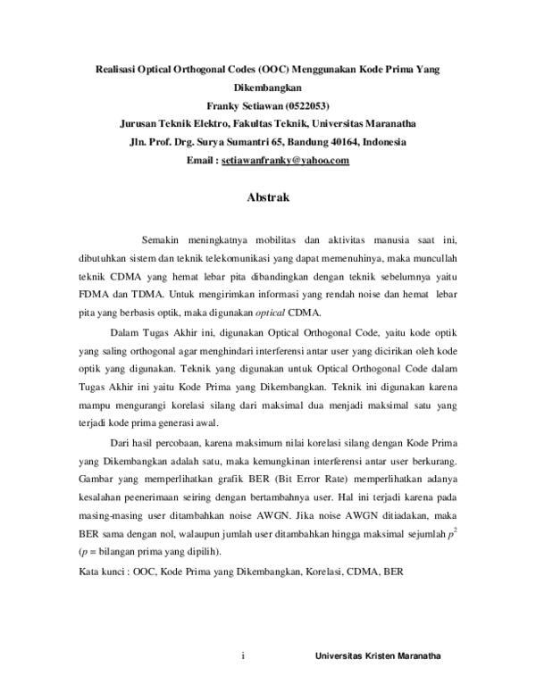 (PDF) Realisasi Optical Orthogonal Codes (OOC) Menggunakan Kode Prima Yang Dikembangkan