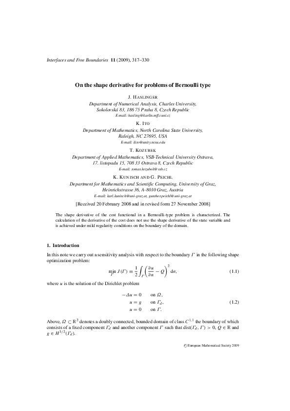 (PDF) On the shape derivative for problems of Bernoulli type | Kazufumi ...