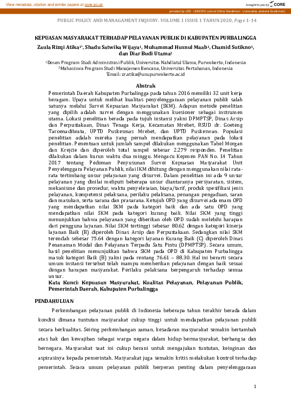 (PDF) Kepuasan Masyarakat Terhadap Pelayanan Publik DI Kabupaten Purbalingga