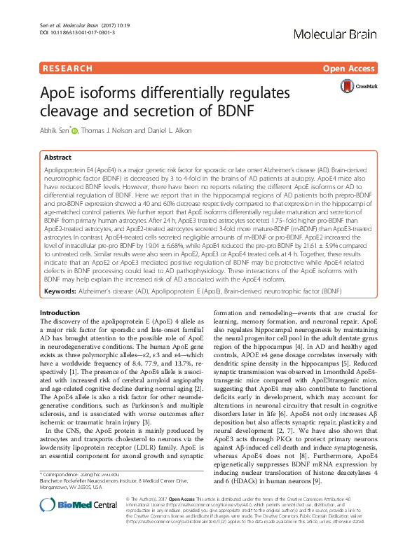 (PDF) ApoE isoforms differentially regulates cleavage and secretion of BDNF