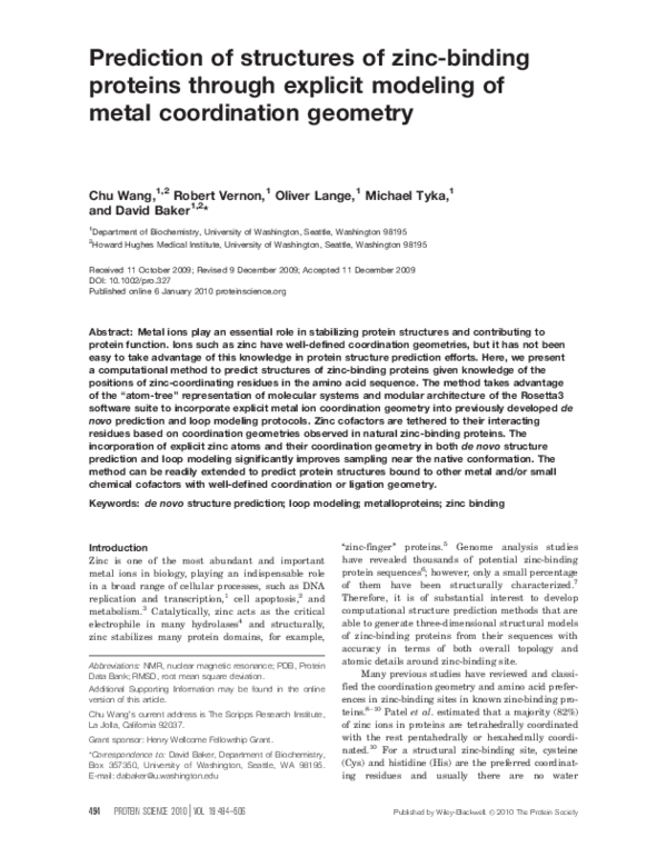 (PDF) Prediction of structures of zinc-binding proteins through explicit modeling of metal ...