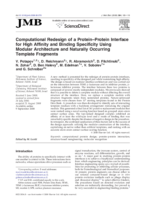 (PDF) Computational Redesign of a Protein–Protein Interface for High Affinity and Binding ...