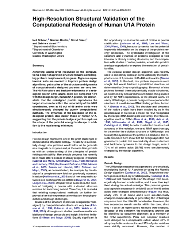 (PDF) High-Resolution Structural Validation of the Computational Redesign of Human U1A Protein