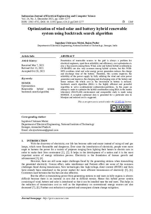 (PDF) Optimization of wind solar and battery hybrid renewable system using backtrack search ...