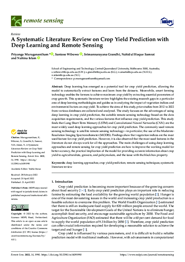 Pdf A Systematic Literature Review On Crop Yield Prediction With Deep