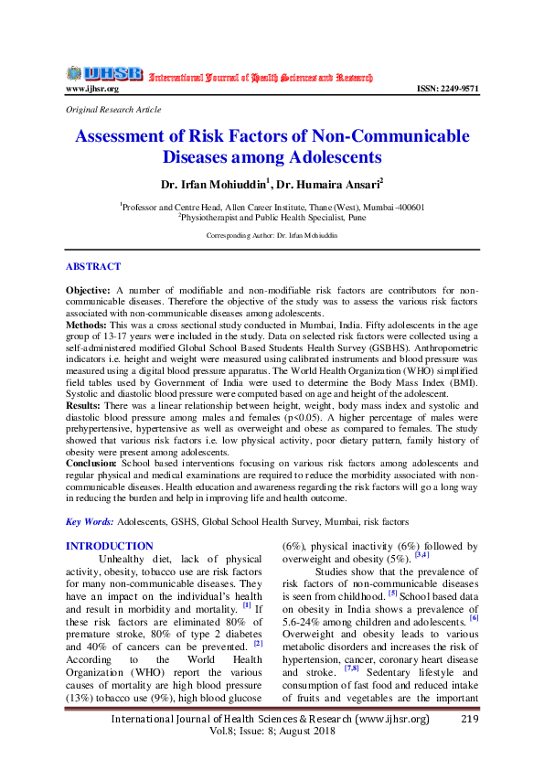 (PDF) Assessment of Risk Factors of Non-Communicable Diseases among ...