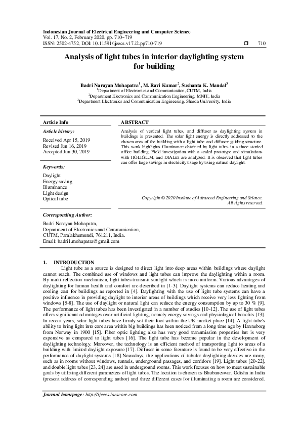 (PDF) Analysis of light tubes in interior daylighting system for building