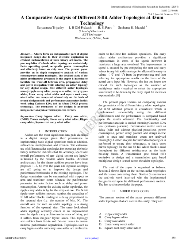 Pdf A Comparative Analysis Of Different 8 Bit Adder Topologies At 45nm Technology