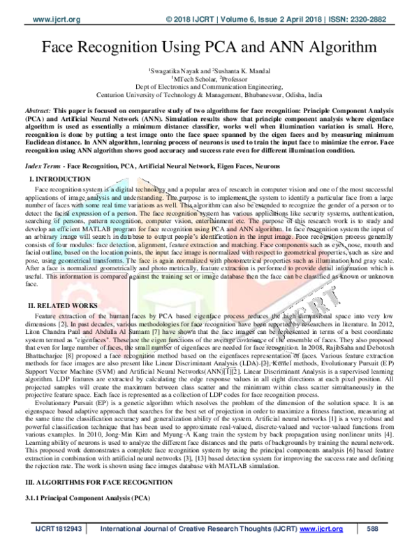 (PDF) Face Recognition Using PCA and ANN Algorithm | Sushanta Mandal - Academia.edu