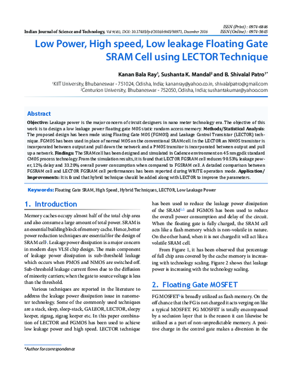 (PDF) Low Power, High speed, Low leakage Floating Gate SRAM Cell using ...