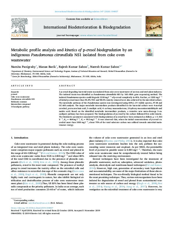 (PDF) Metabolic profile analysis and kinetics of p-cresol biodegradation by an indigenous ...