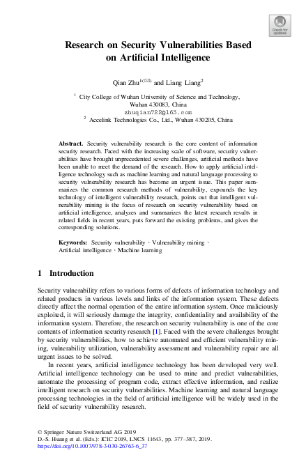 Pdf Research On Security Vulnerabilities Based On Artificial Intelligence