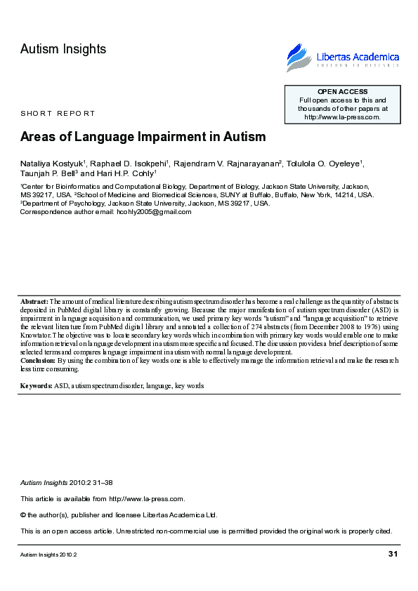 (PDF) Autism Insights Areas of Language Impairment in Autism