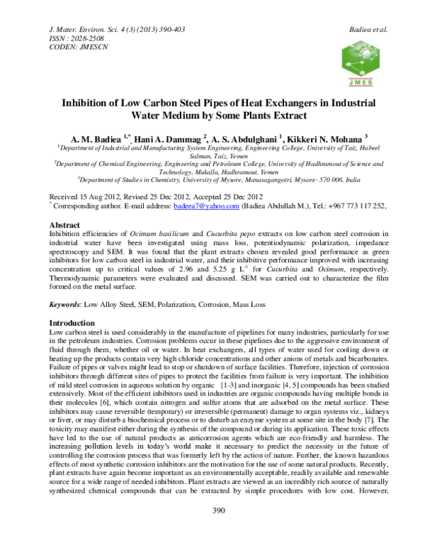 (PDF) Inhibition of Low Carbon Steel Pipes of Heat Exchangers in ...