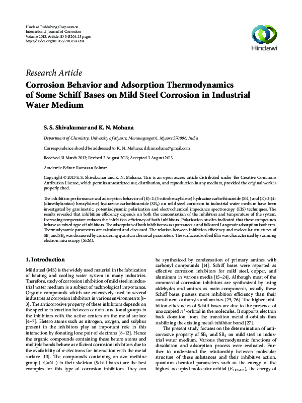 Pdf Corrosion Behavior And Adsorption Thermodynamics Of Some Schiff Bases On Mild Steel