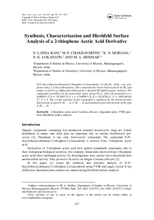 (PDF) Synthesis, Characterization and Hirshfeld Surface Analysis of a 2-thiophene Acetic Acid ...