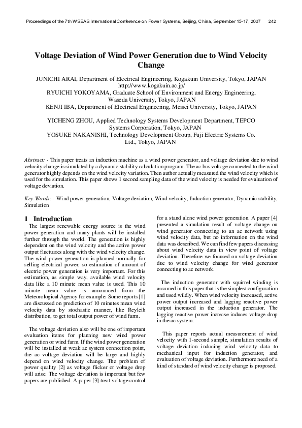 (PDF) Voltage Deviation of Wind Power Generation due to Wind Velocity Change