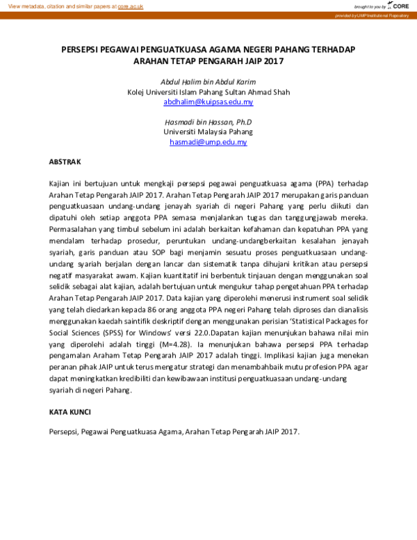 (PDF) Persepsi pegawai Penguatkuasa Agama Negeri Pahang terhadap Arahan Tetap Pengarah Jaip 2017 ...