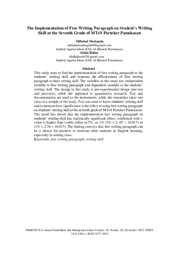 (PDF) The Implementation of Free Writing Paragraph on Student’s Writing ...