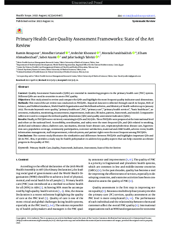 (PDF) Primary Health Care Quality Assessment Frameworks: State of the ...