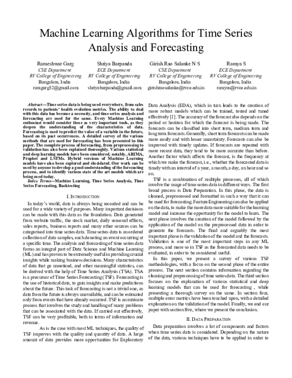 (PDF) Machine Learning Algorithms for Time Series Analysis and Forecasting