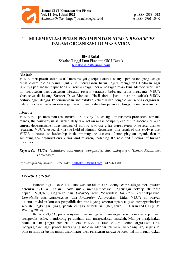 (PDF) Implementasi Peran Pemimpin Dan Human Resources Dalam Organisasi Di Masa VUCA