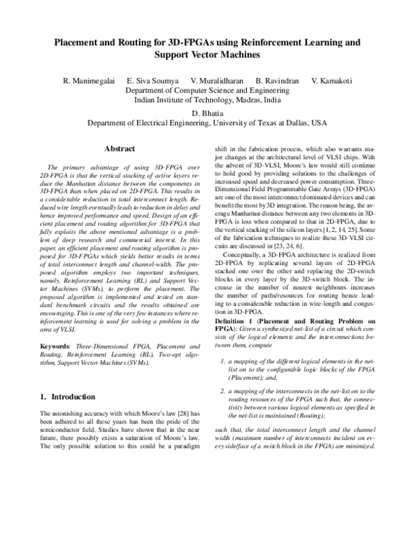 (PDF) Placement and routing for 3D-FPGAs using reinforcement learning and support vector machines