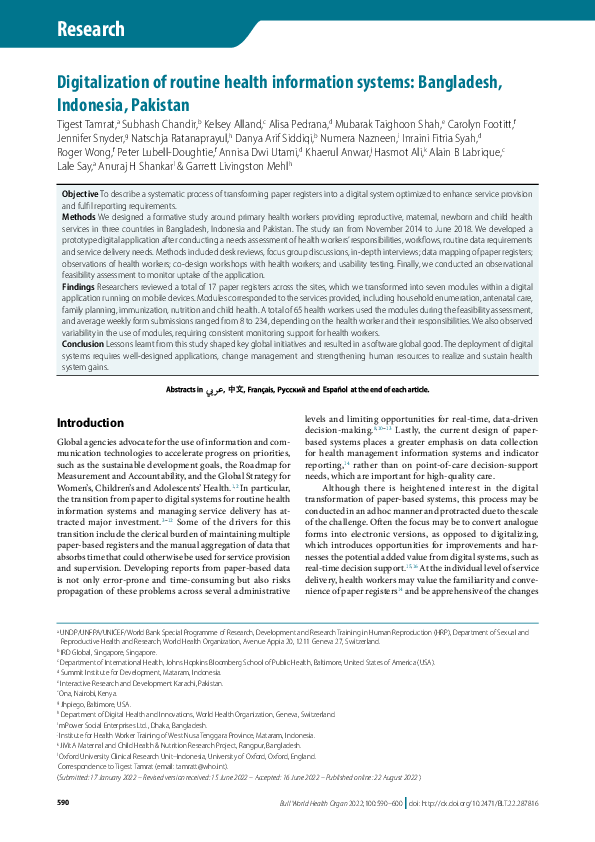 (PDF) Digitalization of routine health information systems: Bangladesh ...
