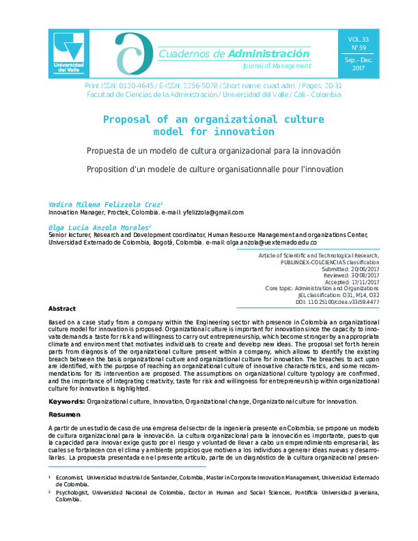 (PDF) Proposal of an organizational culture model for innovation