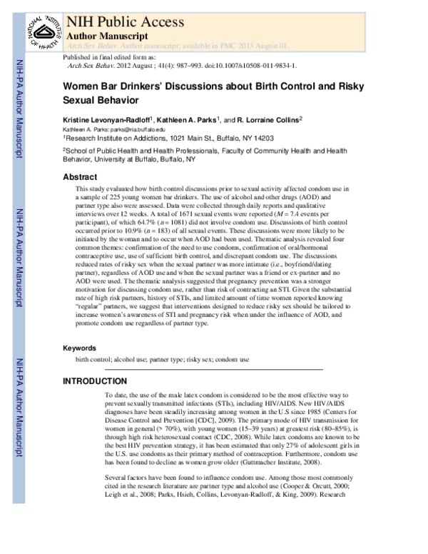 (PDF) Women Bar Drinkers’ Discussions About Birth Control and Risky ...