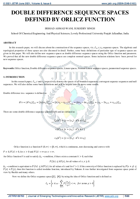 (PDF) Double Difference Sequence Spaces Defined by Orlicz Function