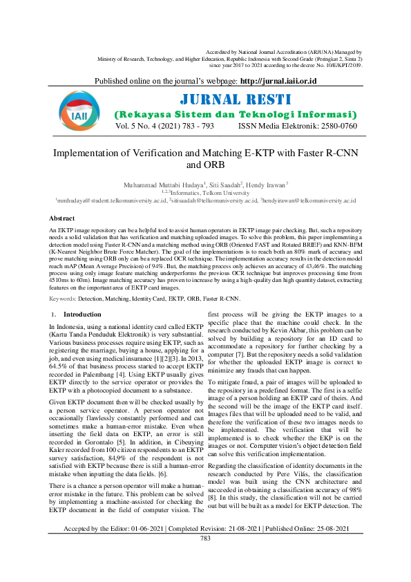 (PDF) Implementation of Verification and Matching E-KTP with Faster R-CNN and ORB