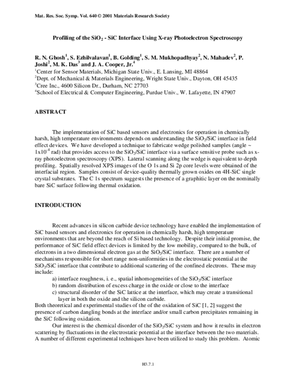 (PDF) Profiling of the SiO2 - SiC Interface Using X-ray Photoelectron Spectroscopy