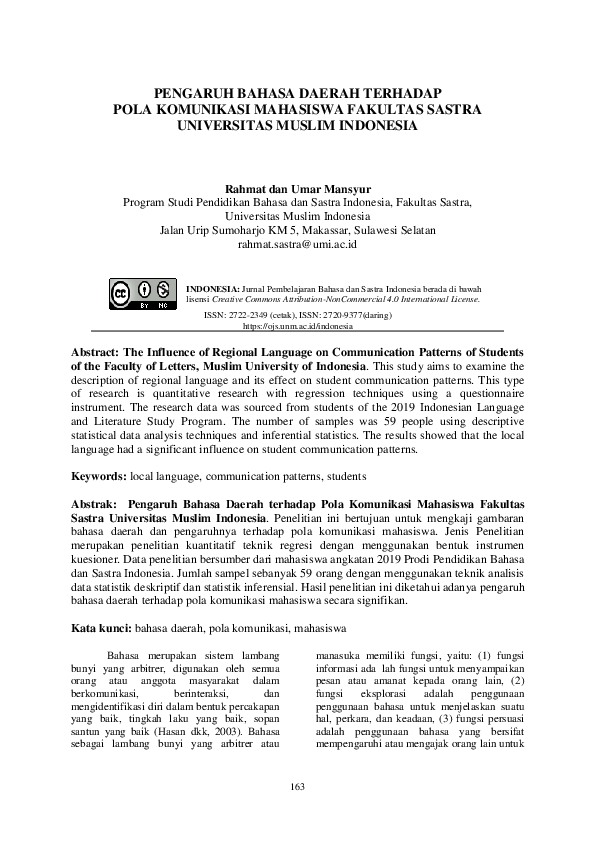 (PDF) Pengaruh Bahasa Daerah Terhadap Pola Komunikasi Mahasiswa Fakultas Sastra Universitas ...