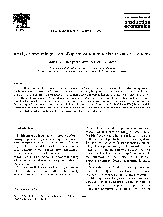 (PDF) Analysis and integration of optimization models for logistic systems
