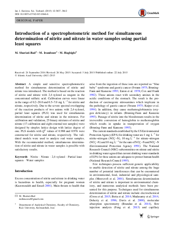 Pdf Introduction Of A Spectrophotometric Method For Simultaneous Determination Of Nitrite And
