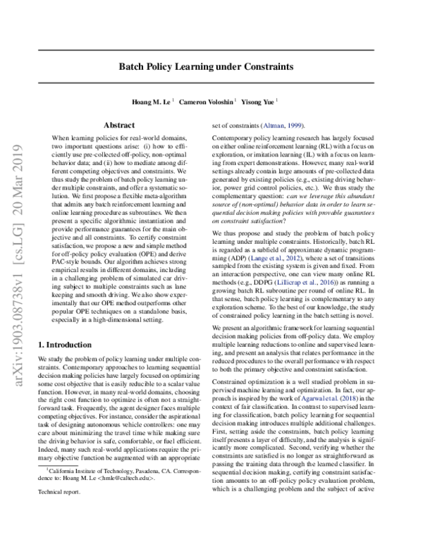 (PDF) Batch Policy Learning under Constraints