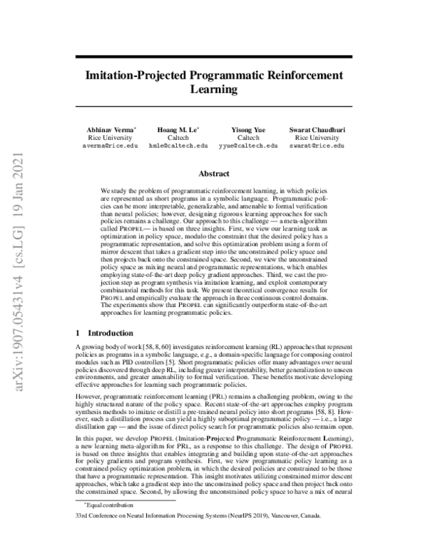 (PDF) Imitation-Projected Programmatic Reinforcement Learning